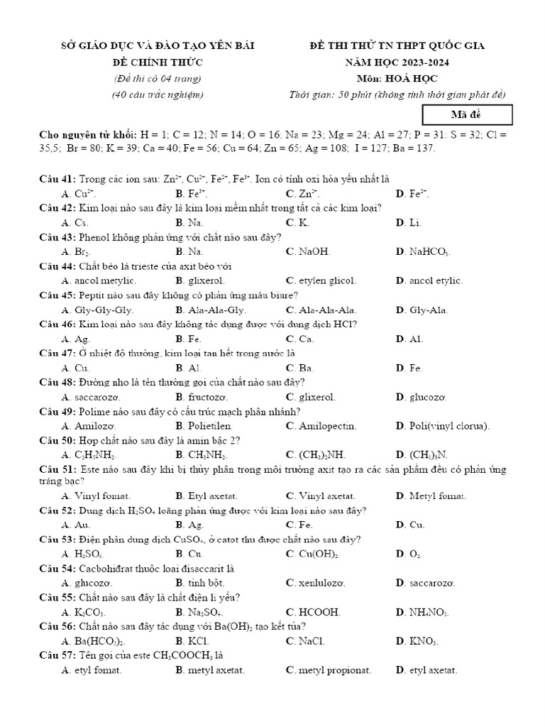 67 de Thi Thu TN THPT 2024 So Giao Duc Yen Bai File Word Co Loi Giaidocx 1600 PDF - Gdrive.vip | PDF