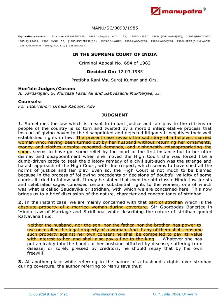 Pratibha - Rani - Vs - Suraj - Kumar - and - Ors - Manupatra | PDF | Marriage | English Trust Law