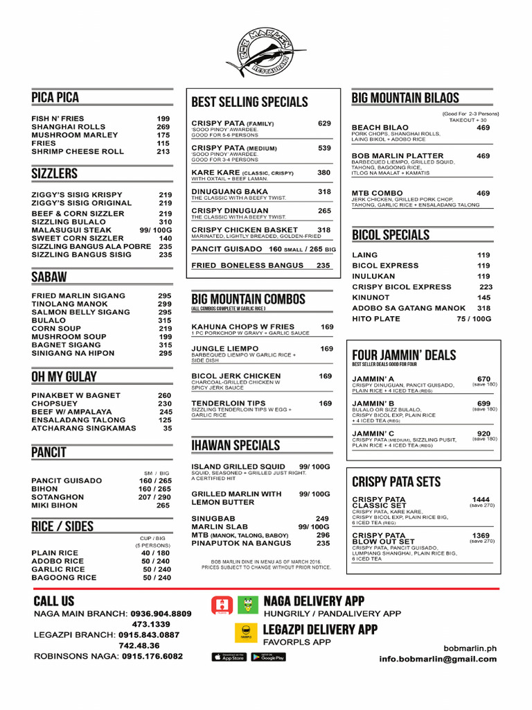 Bob Marlin Restaurant Menu | PDF