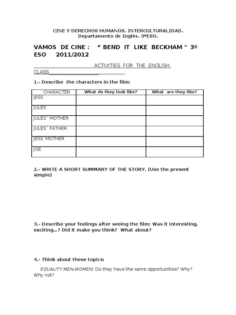Bend It Like Beckham: English Activities | PDF | Self-Improvement