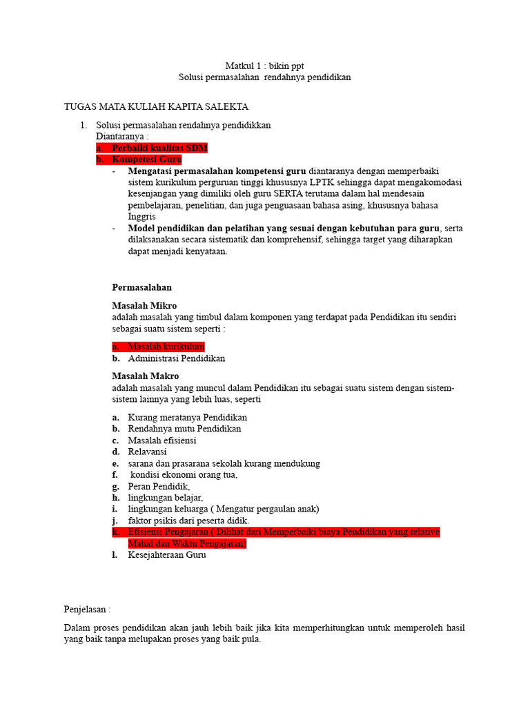 Matkul 1 Solusi Permasalahan Pendidikan | PDF | Karier & Perkembangan