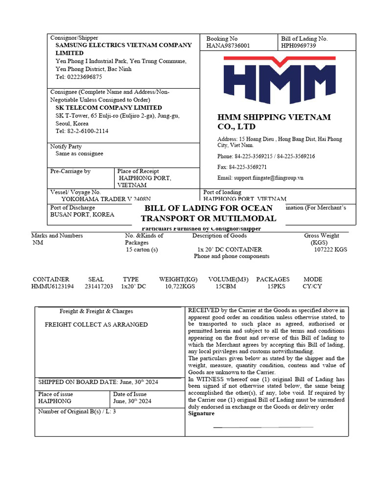 Bill of Lading HMM | PDF | Bill Of Lading | Cargo