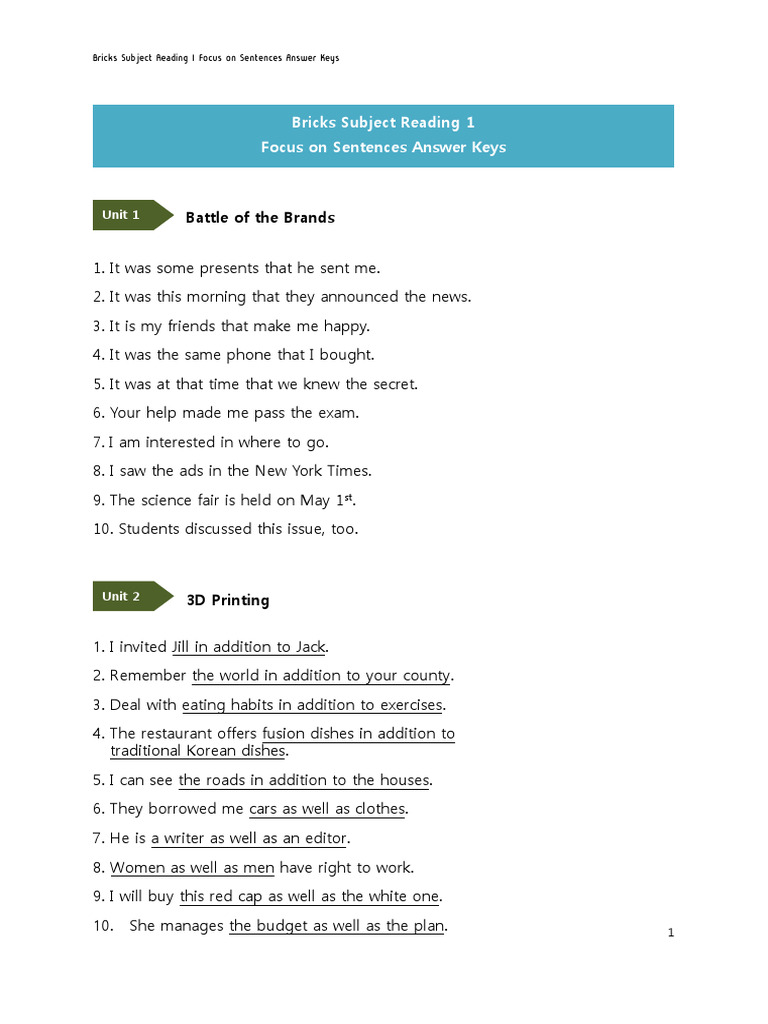 Bricks Subject Reading - L1 - Focus On Sentences - Answer Key | PDF ...
