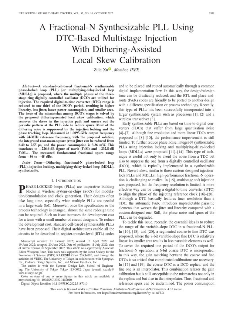 A Fractional-N Synthesizable PLL Using DTC-Based Multistage Injection ...