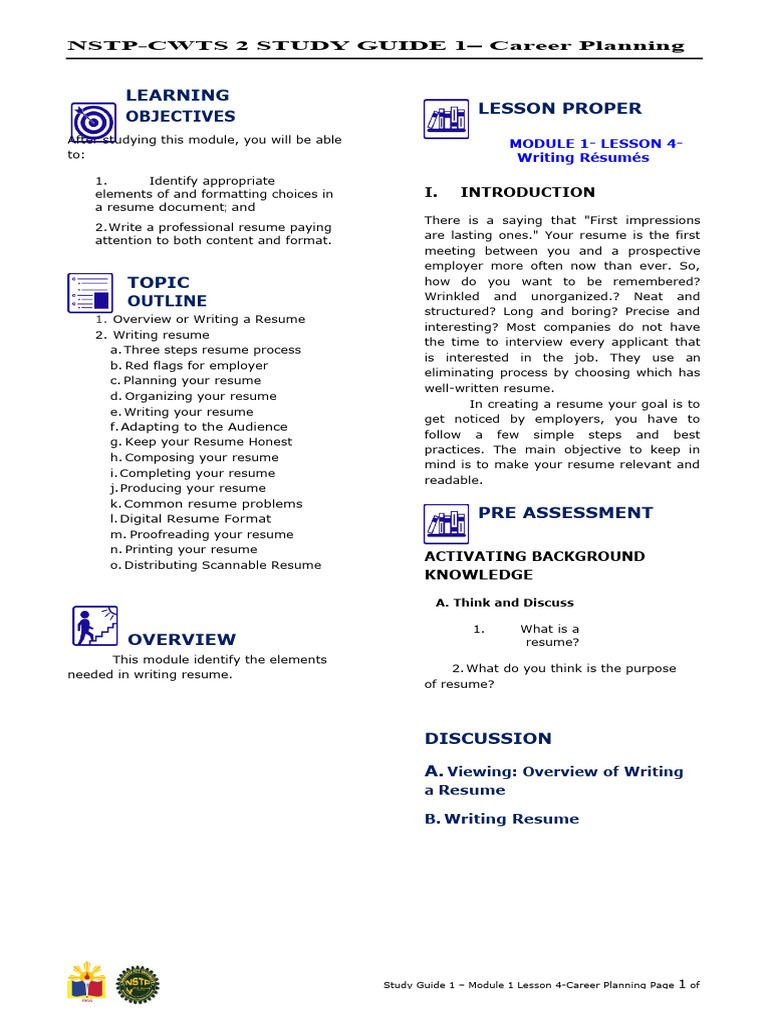 Study Guide 1 Module 1 Lesson 4 Career Planning Final Draft 3 | PDF ...