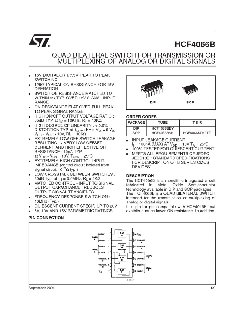 HCF4066B: Quad Bilateral Switch For Transmission or Multiplexing of ...