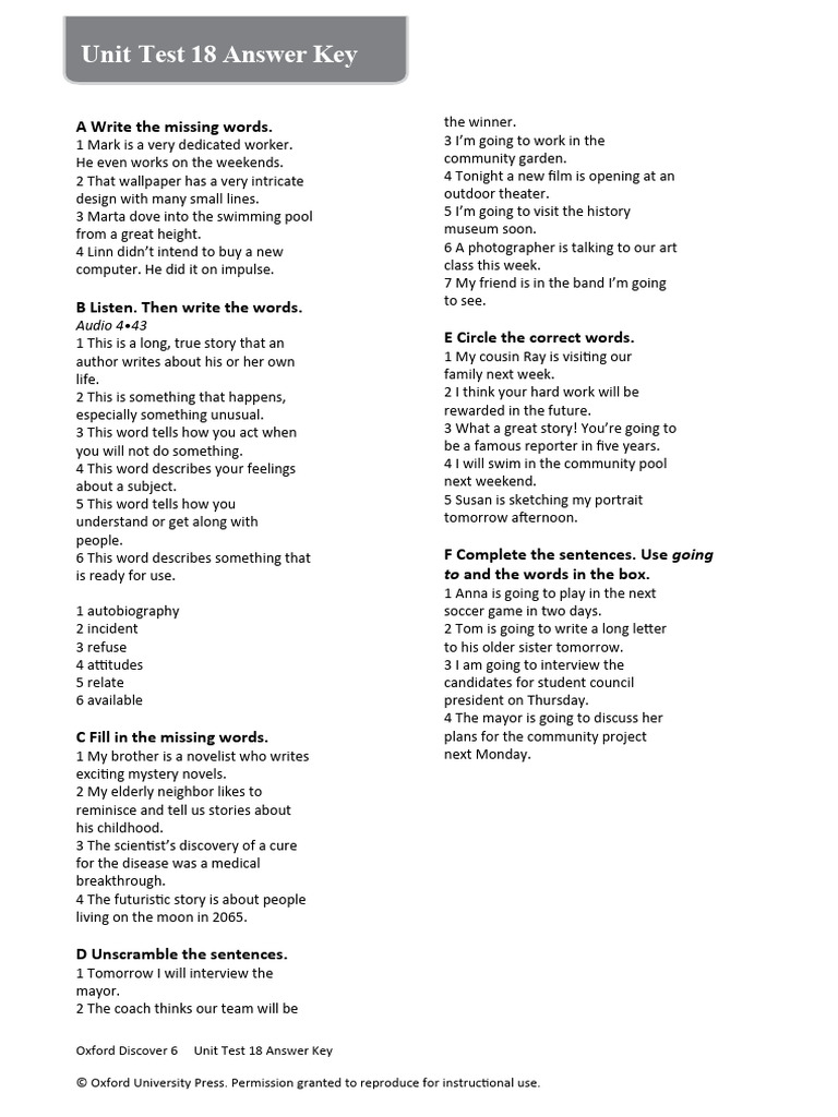Unit Test 18 Answer Key: A Write The Missing Words | PDF | Language ...