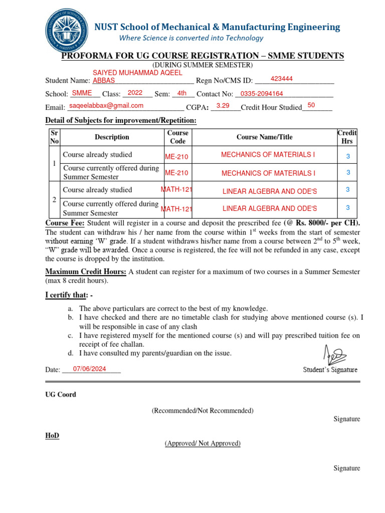 PROFORMA FOR ATTENDING COURSE AT SMME UG For SMME Students 1 | PDF ...