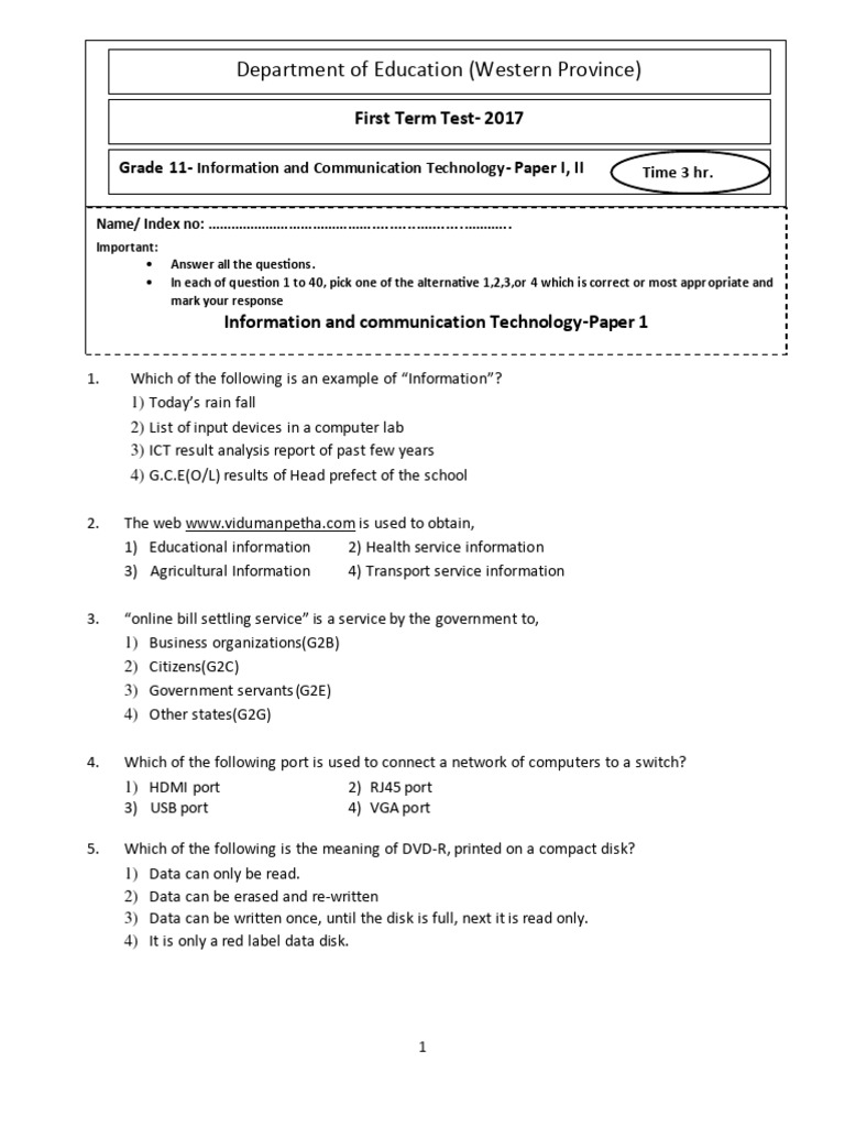 ICT Exam Paper for Grade 11 | PDF | Booting | Computer Architecture