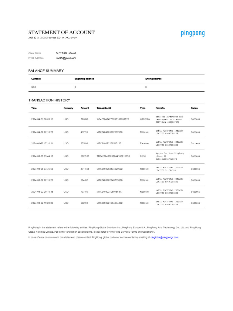 Ping Pong Bank Statement | Download Free PDF | United States Dollar ...