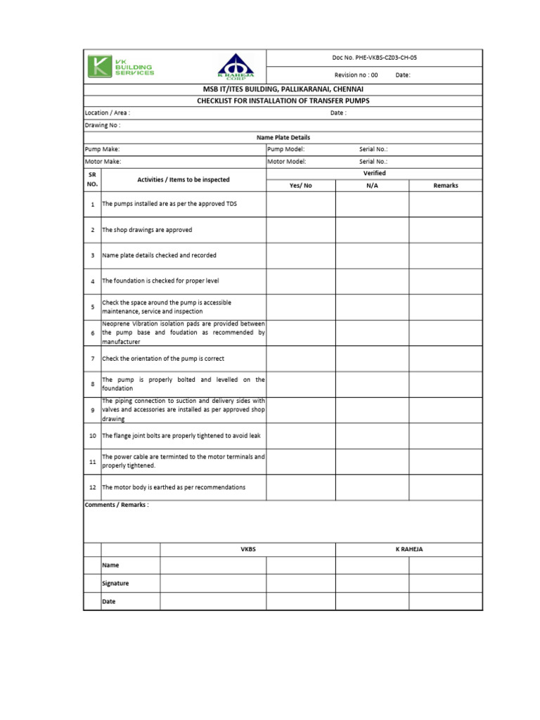 Transfer Pump Installation Checklist | PDF