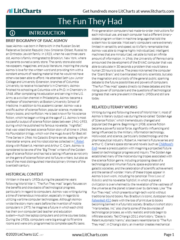 The Fun They Had LitChart | Download Free PDF | Isaac Asimov | Science ...