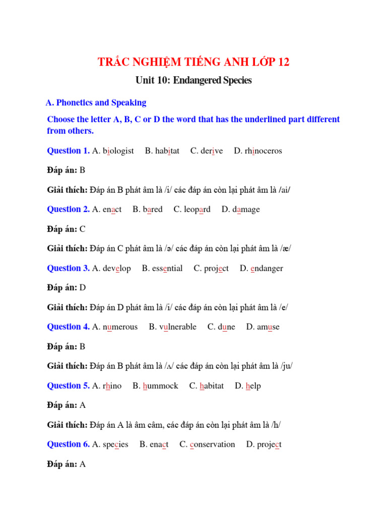 60 Cau Trac Nghiem Tieng Anh 12 Unit 10 Co Dap An Endangered Species | PDF