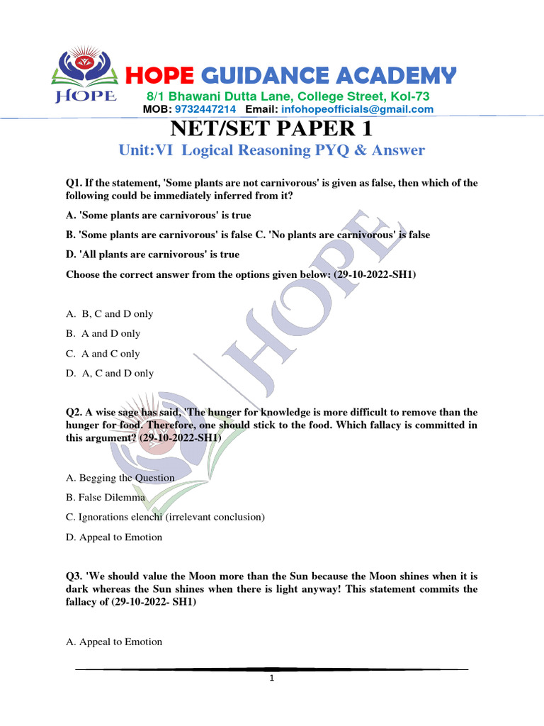 LOGICAL REASONING PYQ & ANSWER Org by HOPE NET SET | PDF | Argument ...