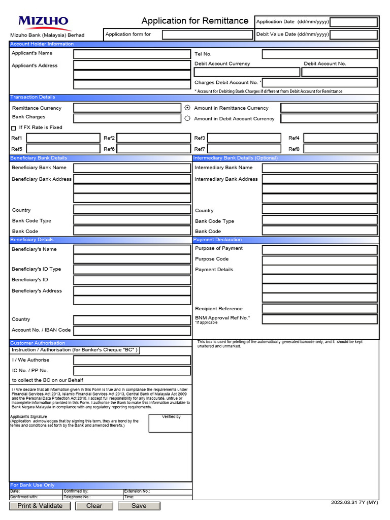 Application For Remittance - Mizuho Bank Internal Transfer | Download ...