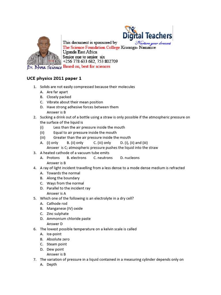 UCE Physics 2011 Paper 1 Answers | PDF | Waves | Electron