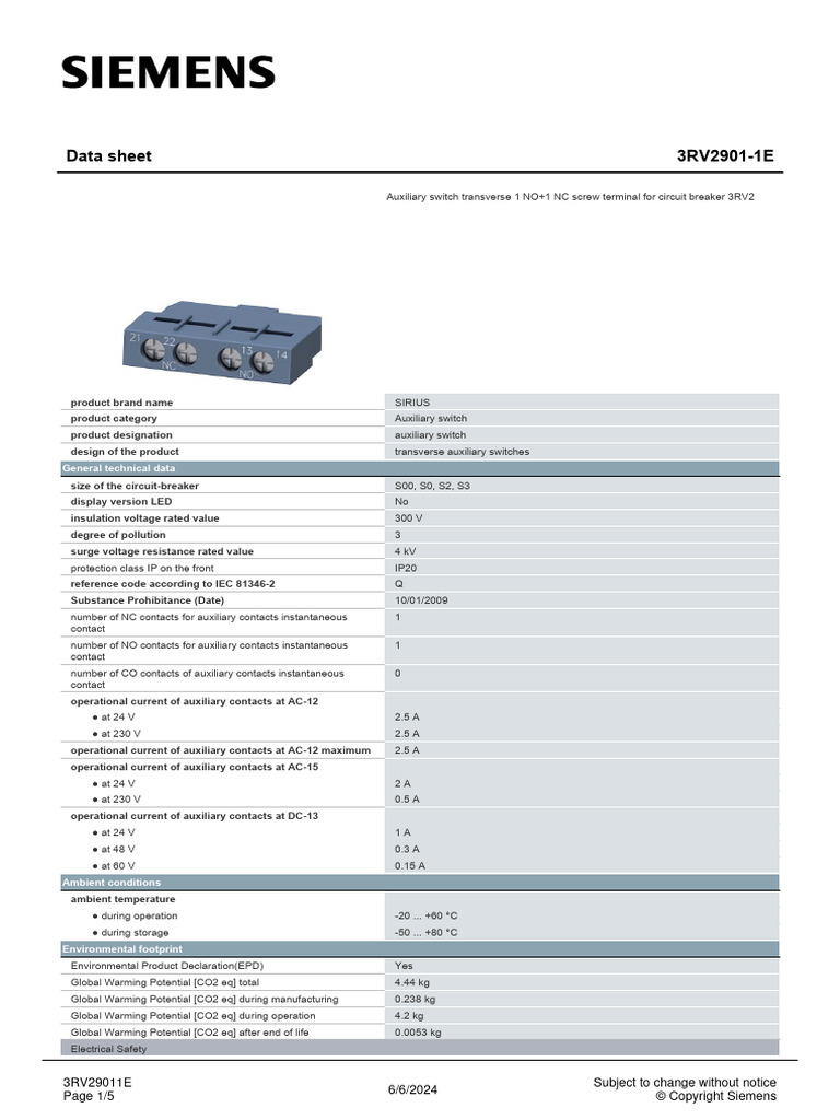 3RV29011E_datasheet_en | Download Free PDF | Switch | Electric Power