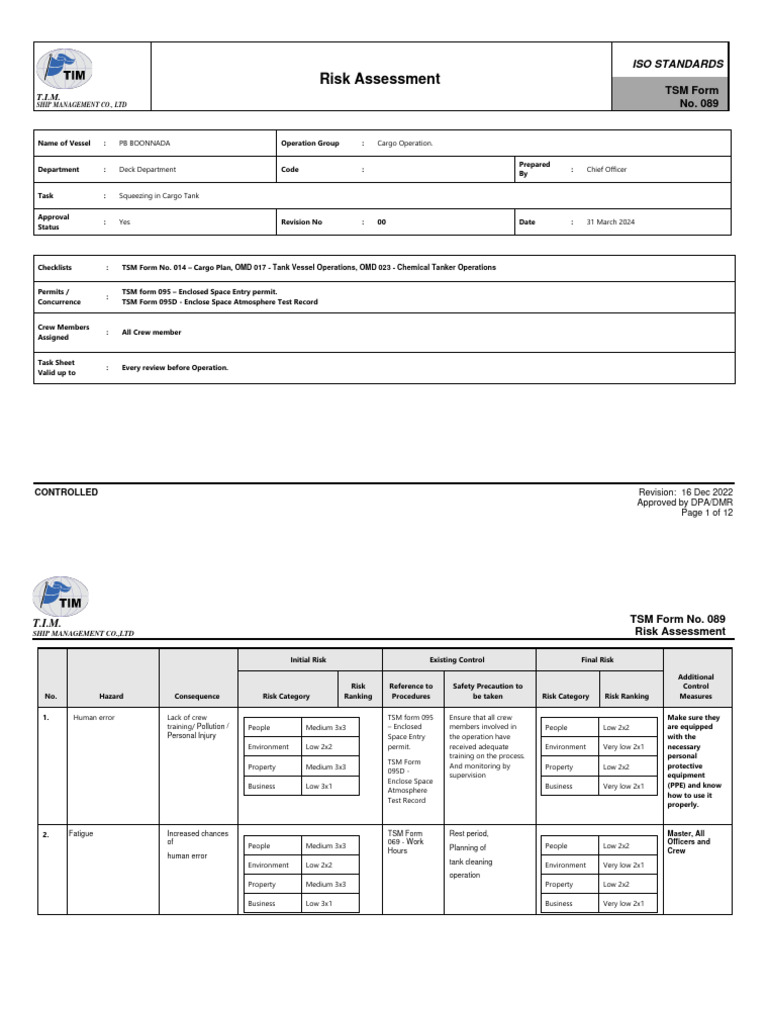 TSM Form 089 - Risk Assessment - Cargo Tank Squeezing Operation (Enclosed Space) | PDF | Risk ...