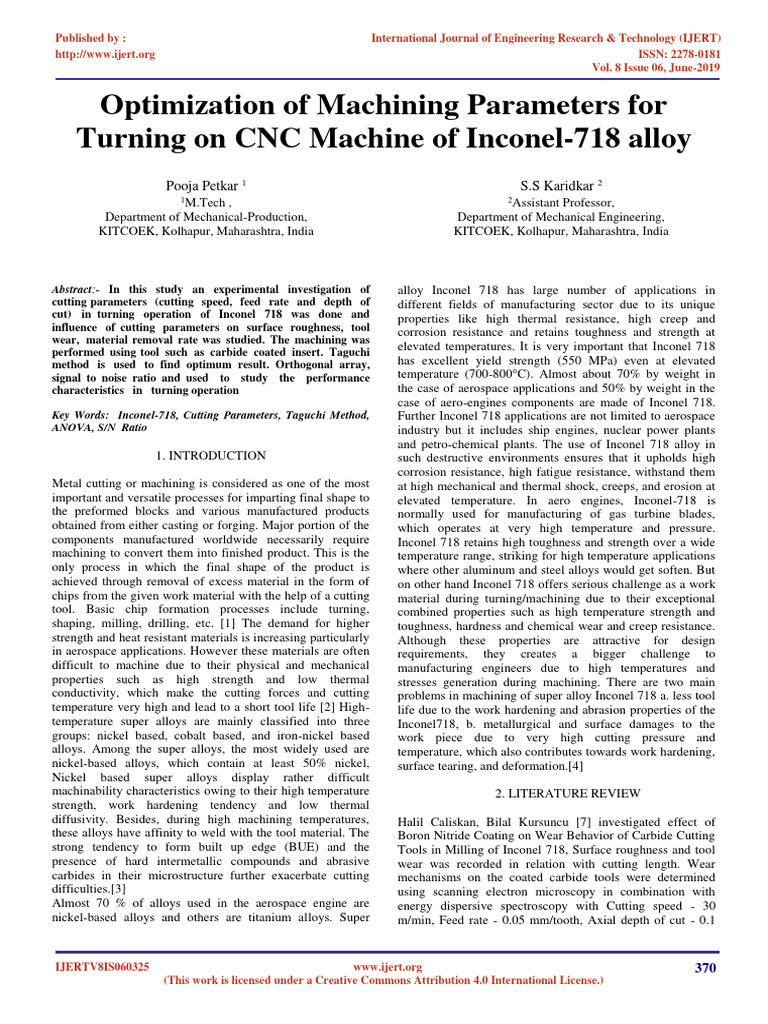 Optimization of Machining Parameters For Turning On CNC Machine of Inconel-718 Alloy | PDF ...
