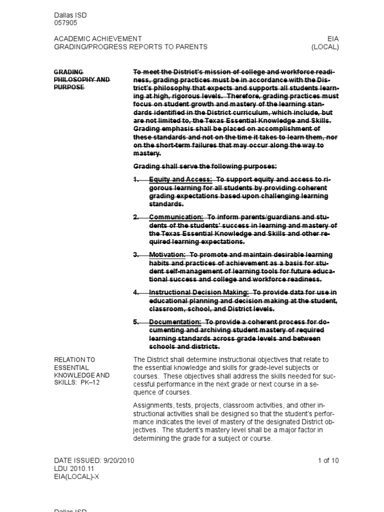 Amendment To Board Policy EIA (Local) Academic Achievement Grading ...