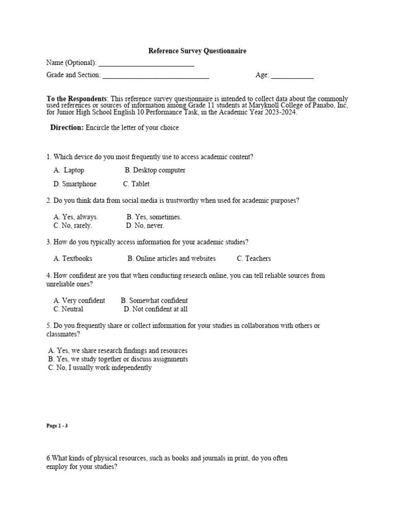 Reference-Survey-Questionnaire-Format | Download Free PDF | Social ...