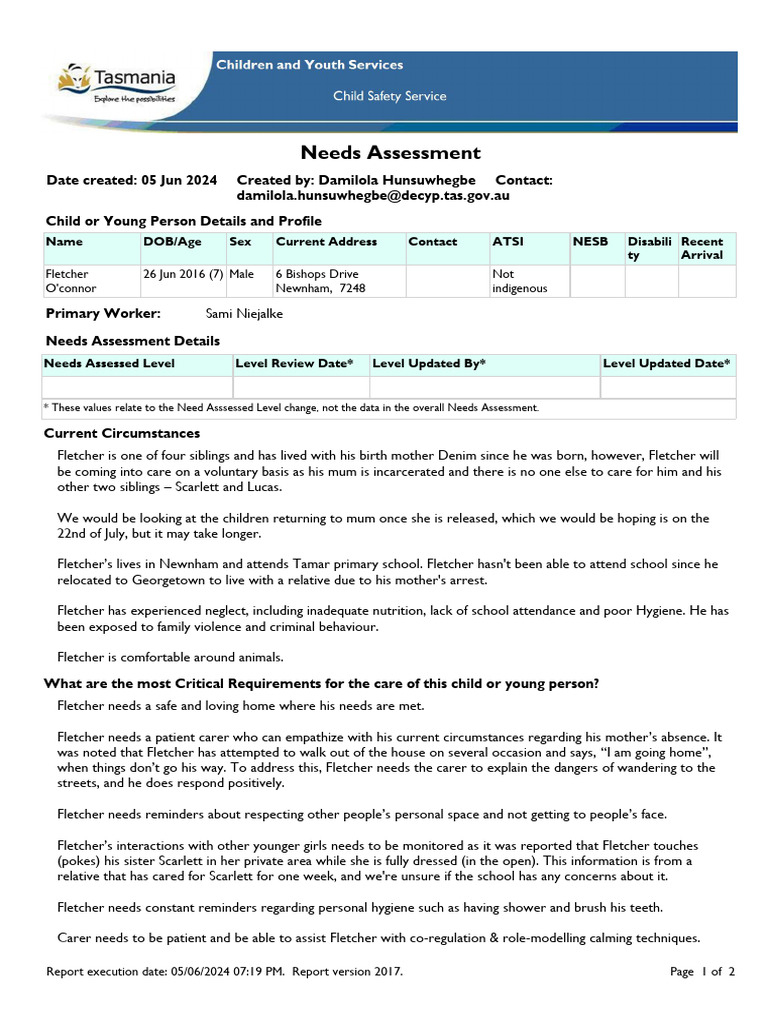 Fletcher O'Connor Care Needs Assessment | PDF | Caregiver | Family