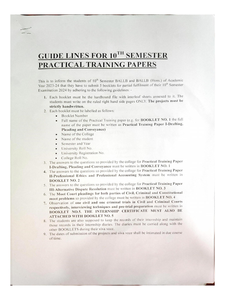 Guide Lines For 10 TH Semester: Practical Training Papers | PDF ...