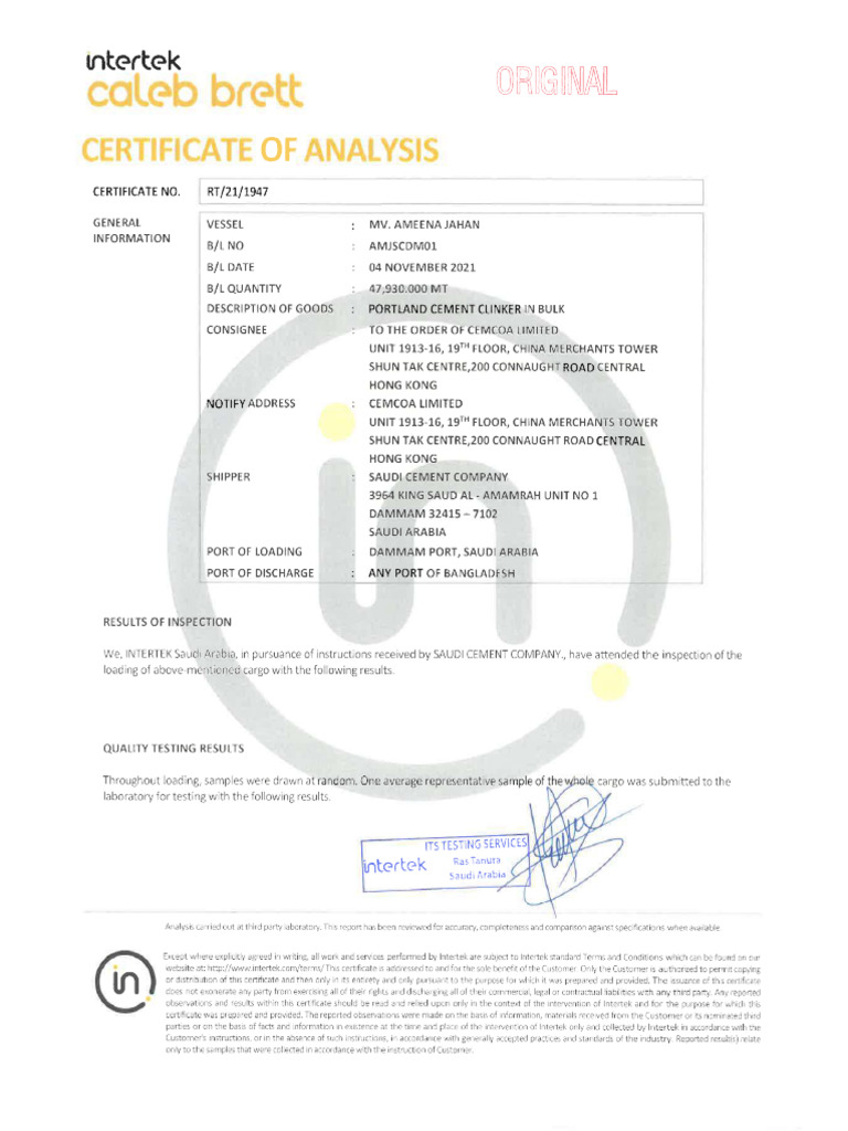 Intertek (Saudi Cement) | PDF