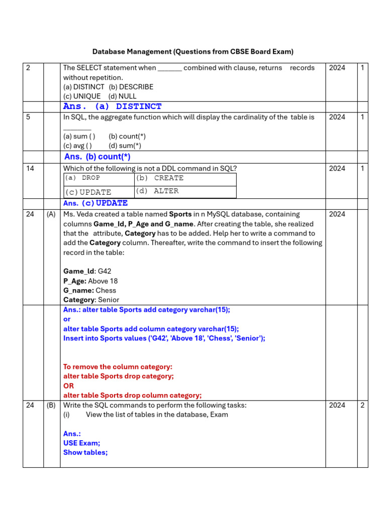 Database Management (Questions from CBSE Board Exam) | PDF | Table ... Database Management (Questions from CBSE Board Exam) | PDF | Table ...