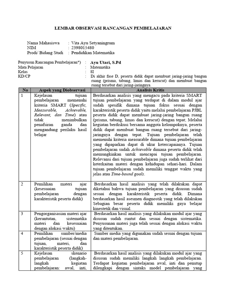 LK 3 Lembar Observasi Rancangan Dan Perangkat Pembelajaran - Siklus 2 | PDF