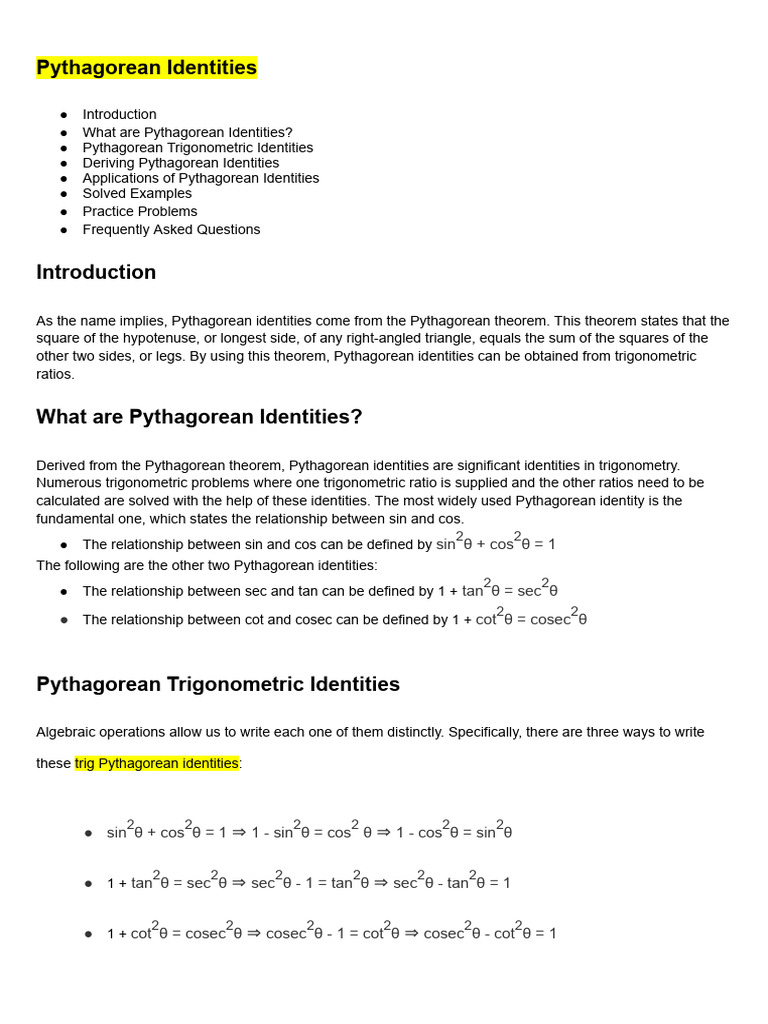 Pythagorean Identities | PDF | Trigonometric Functions | Trigonometry