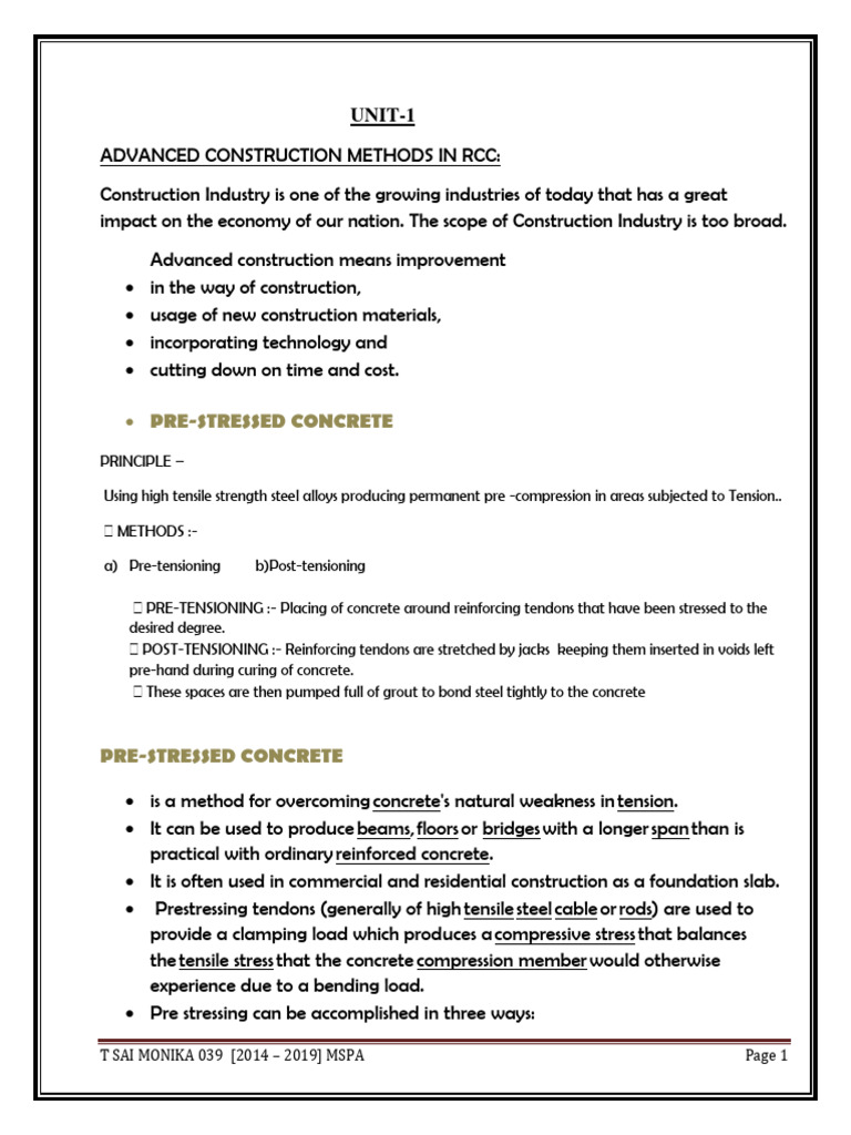 Advance Construction UNIT 1 | PDF | Prestressed Concrete | Concrete