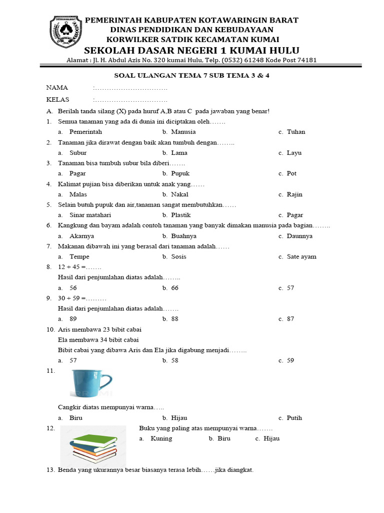 Soal Ulangan Harian Kelas 1 Tema 7 Sub Tema 3 & 4 | PDF