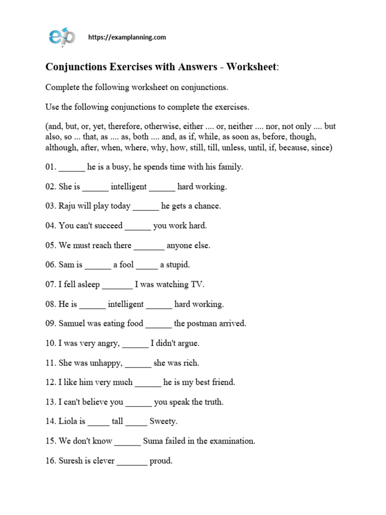 Conjunctions Exercises with Answers | PDF