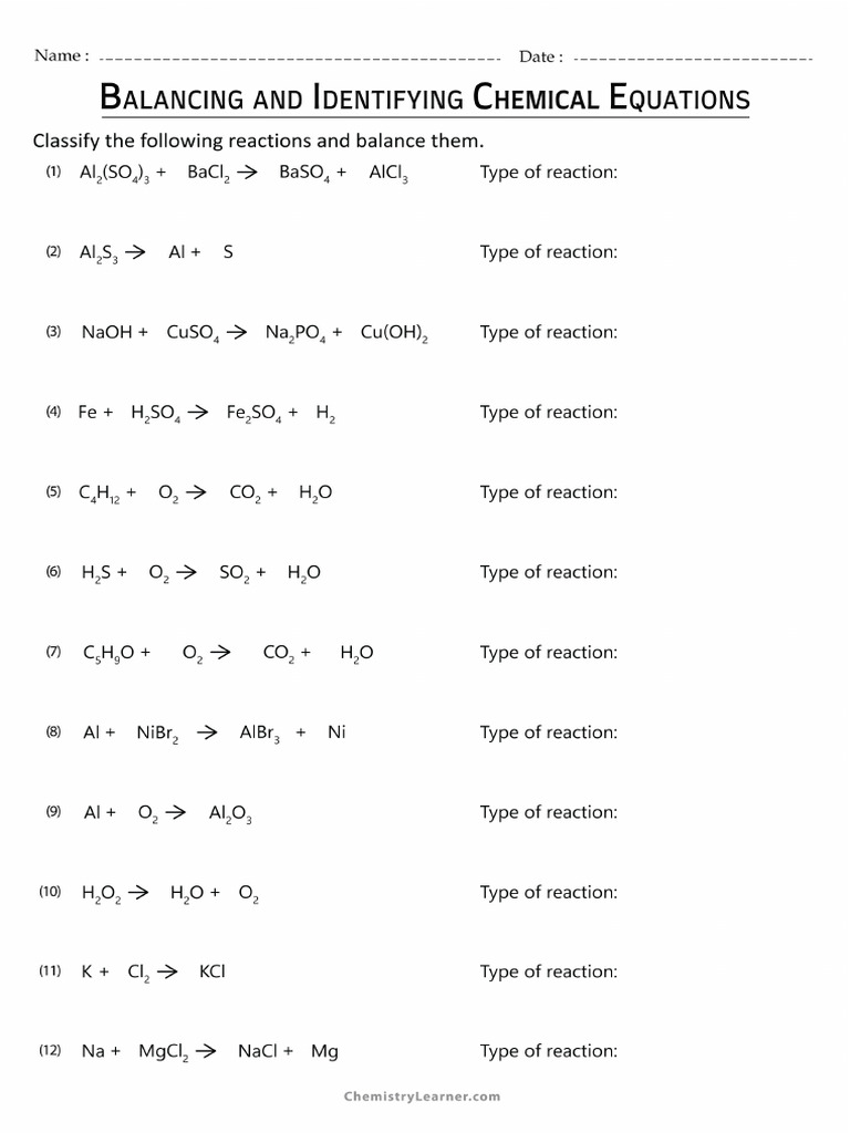 Balancing and Identifying Chemical Equations Worksheet | PDF