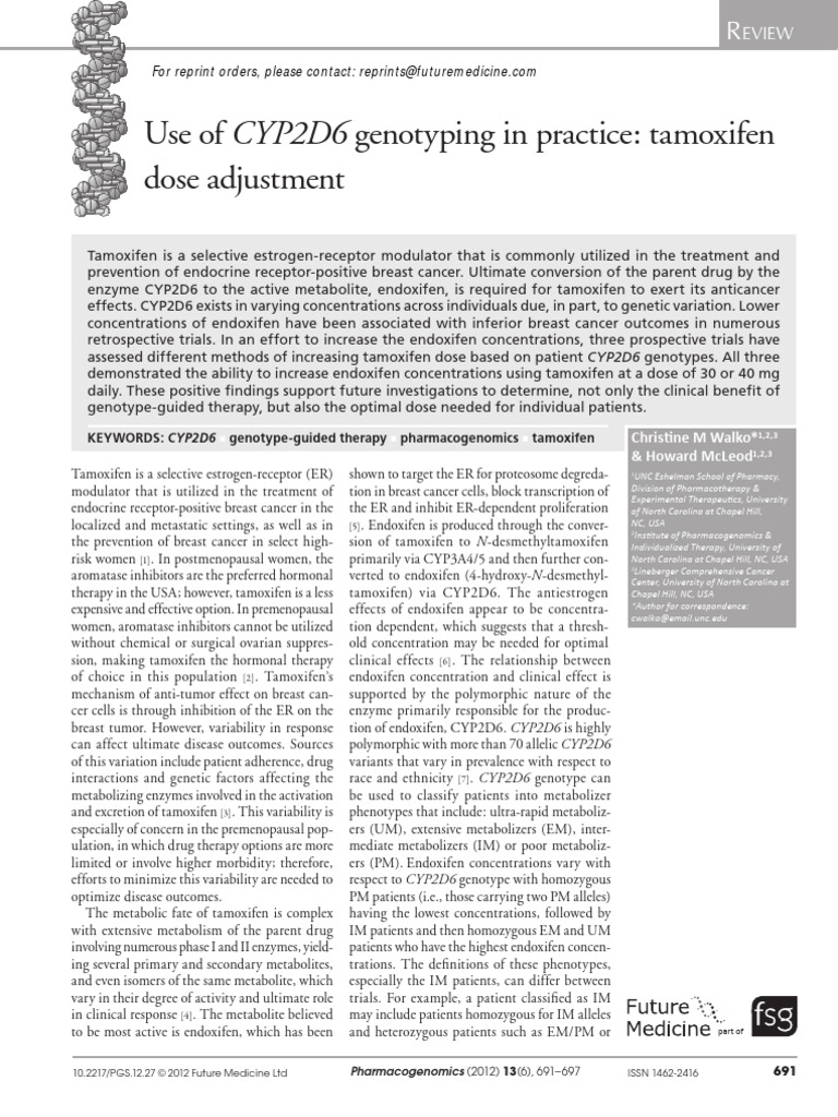 Use of CYP2D6 Genotyping in Practice - Tamoxifen Dose Adjustment | PDF | Zygosity | Pharmacogenomics