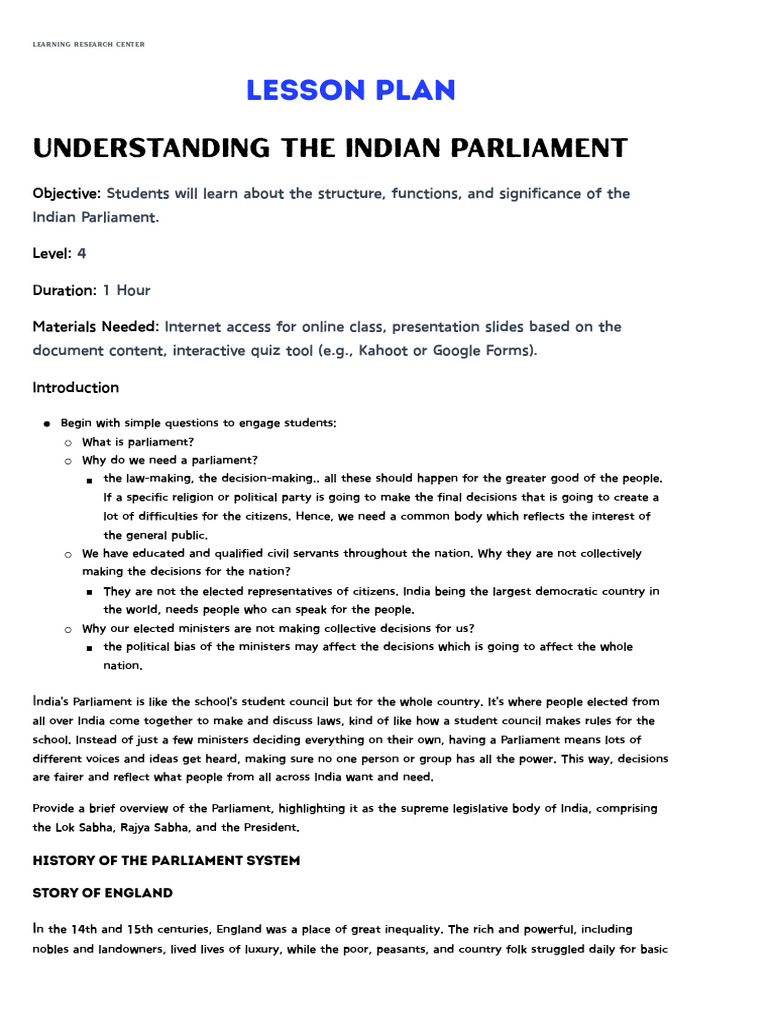 Lesson Plan Understanding The Indian Parliament | PDF | Political ...
