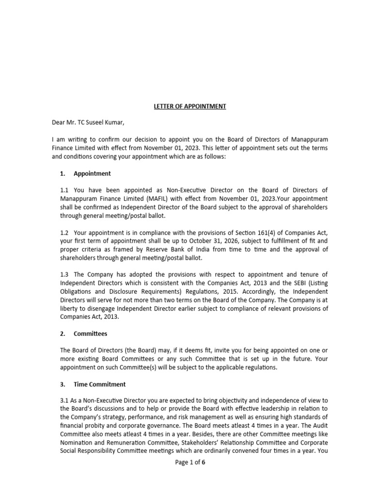 Letter of Appointment - Mr. T C Suseel Kumar | PDF | Board Of Directors ...