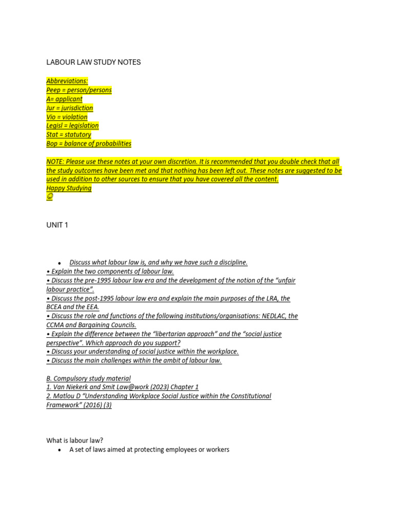 Labour Law Study Guide | PDF | Labour Law | Employment