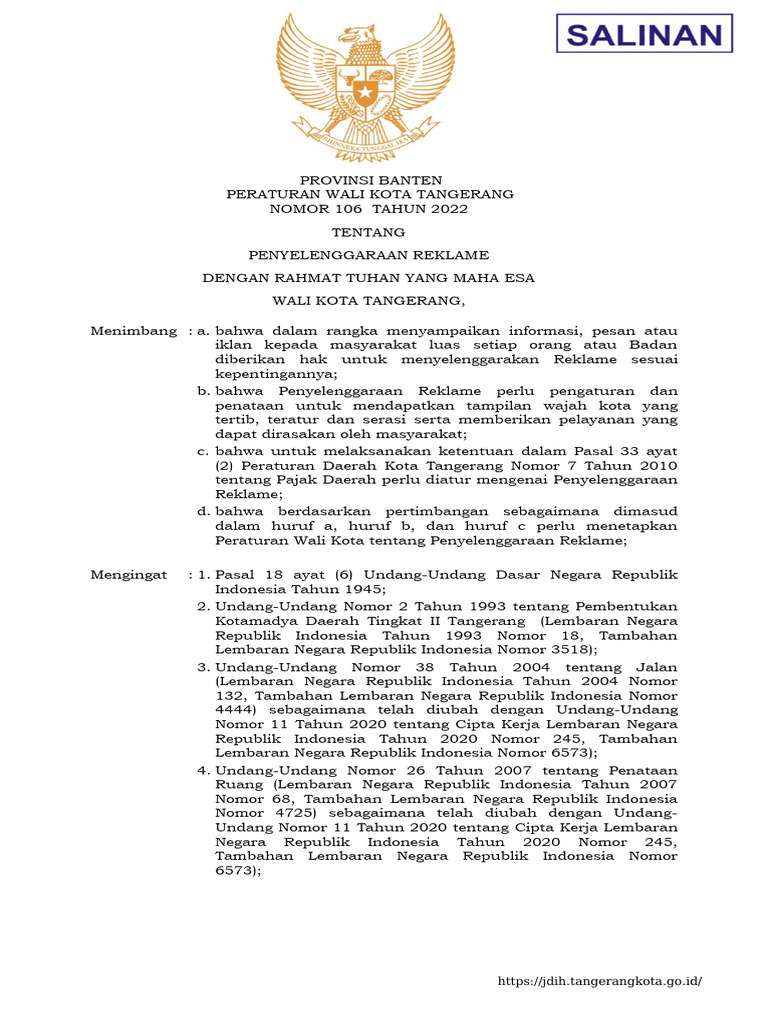 Perwal Kota Tangerang No 106 Tahun 2022 Penyelenggaraan Reklame | PDF