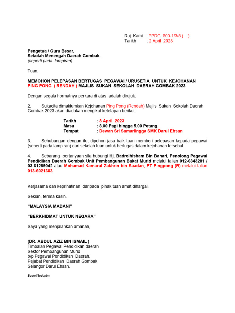 Contoh Surat Pelepasan Pegawai Dan Urusetia | PDF