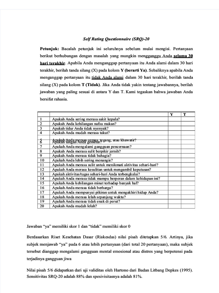 PDF Self Rating Questionnaire SRQ 20 Compress | PDF