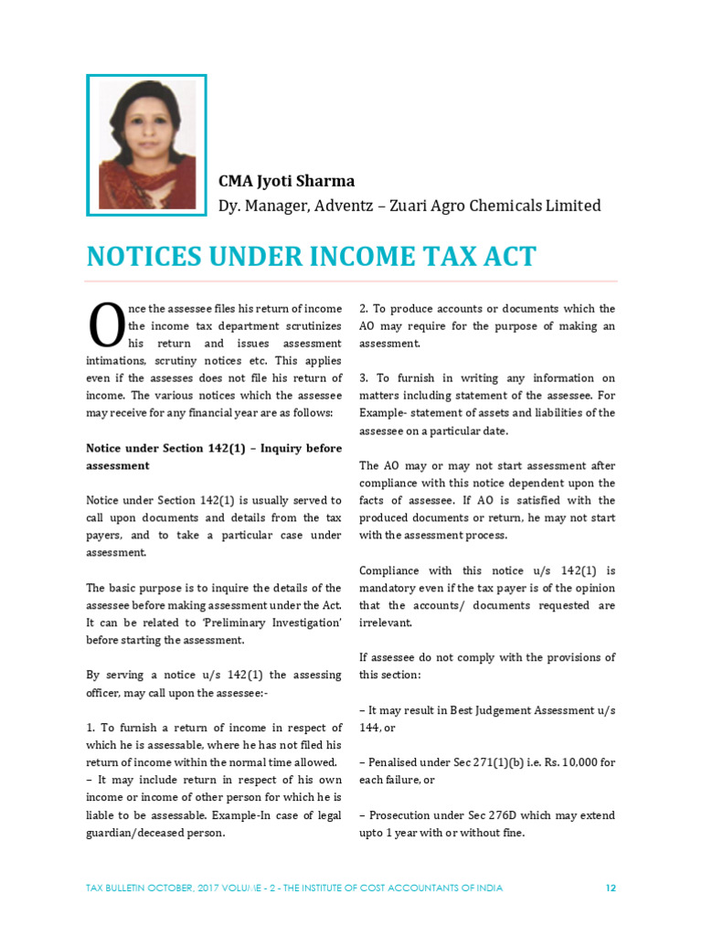 Notices Under Income Tax Act: CMA Jyoti Sharma | PDF | Taxes | Tax Refund