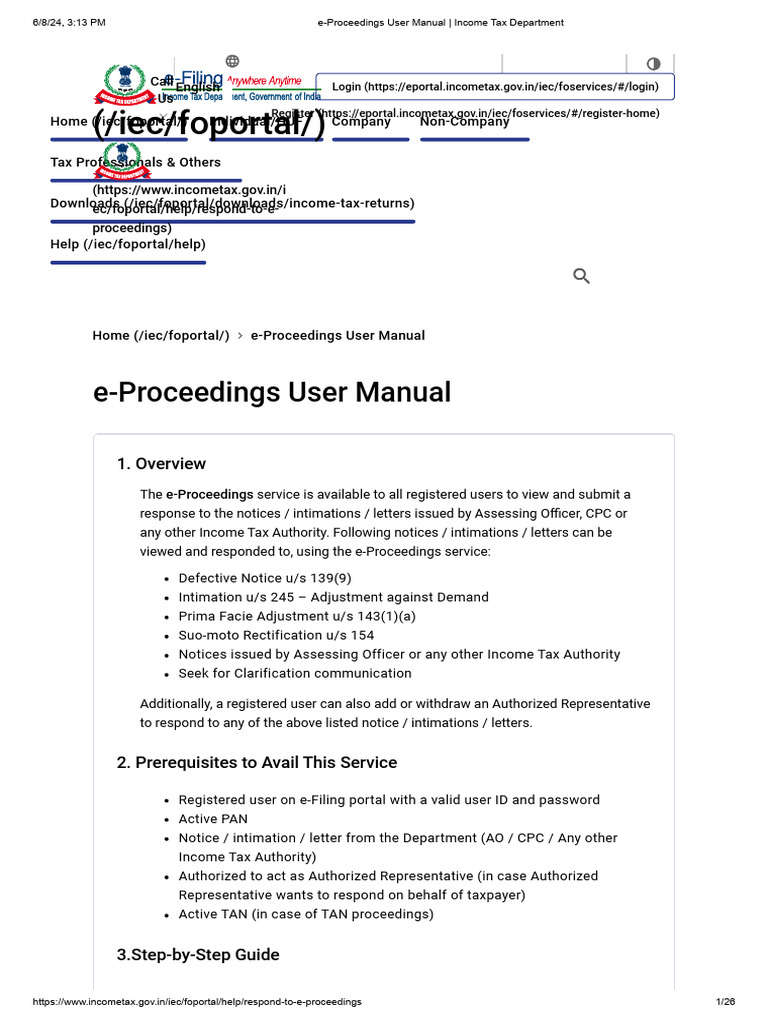 E-Proceedings User Manual - Income Tax Department | PDF | Login | Online And Offline