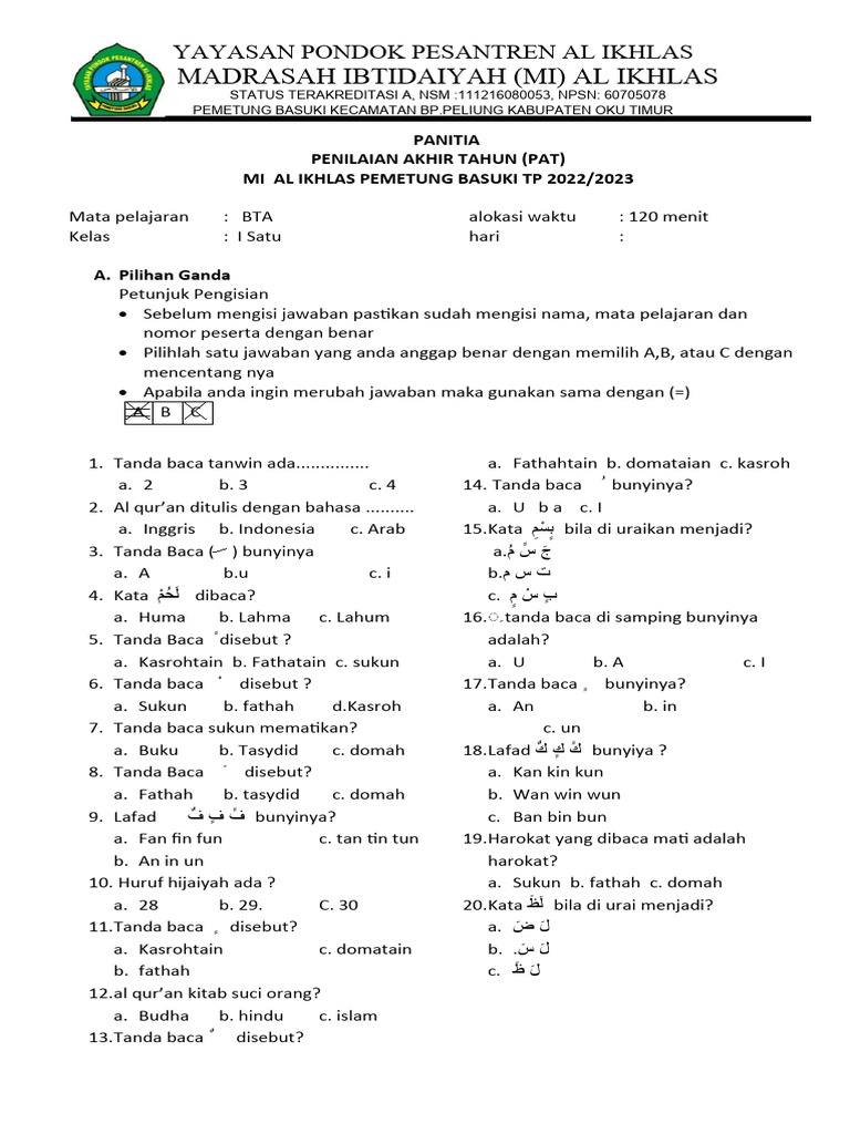 Bta Kelas 1 Pat | PDF