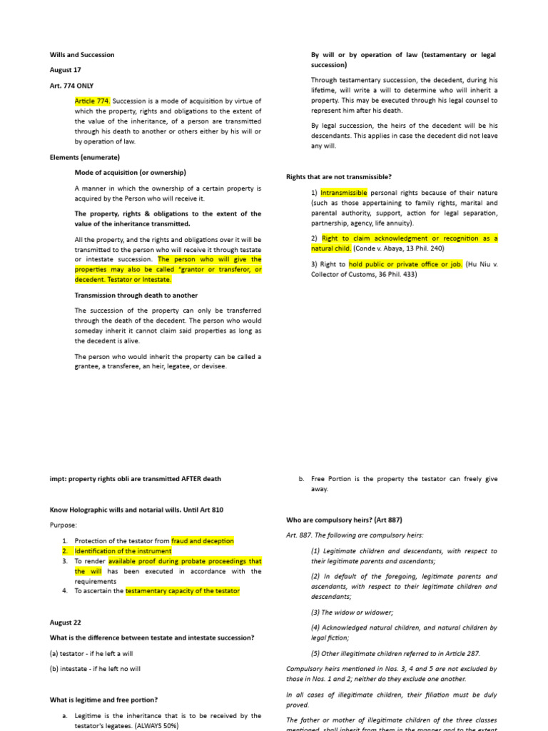 Wills and Succession MT | PDF | Will And Testament | Inheritance