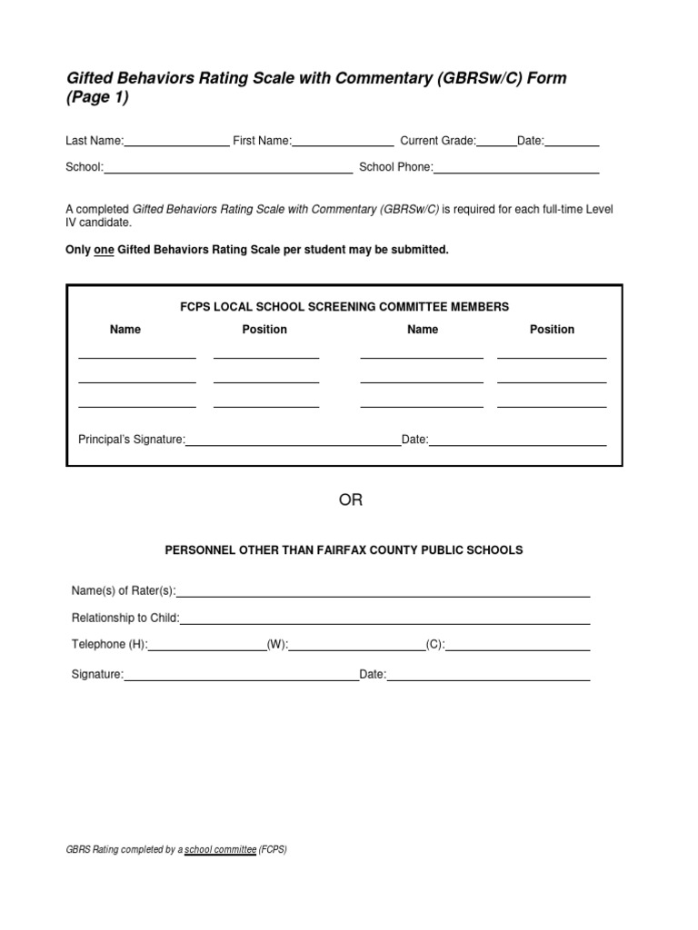Gifted Behaviors Rating Scale With Commentary (GBRSW/C) Form (Page 1 ...