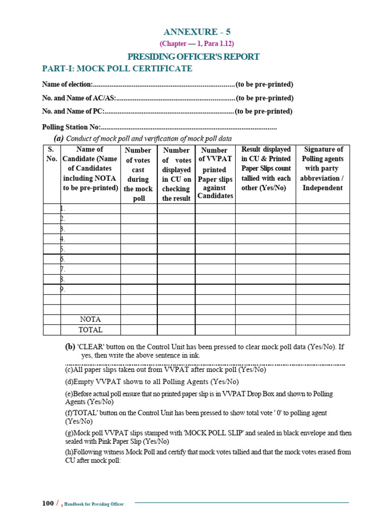 Annexure - 5 Presiding Officer'S Report: Part-I: Mock Poll Certificate ...