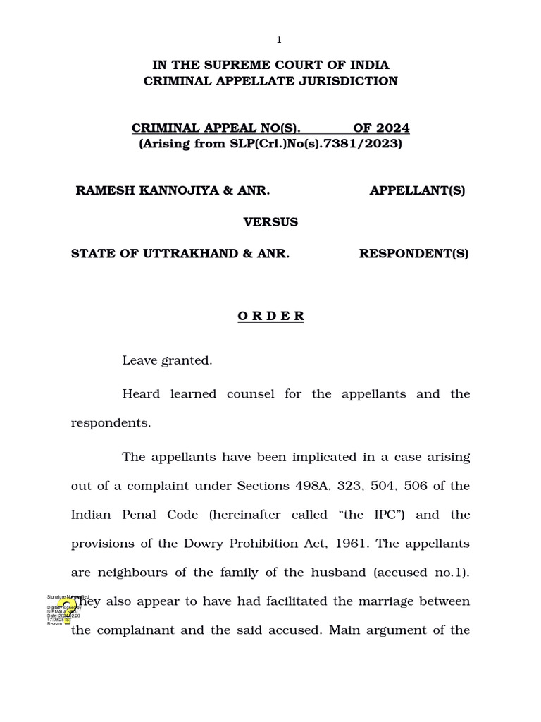 498A SC Order - 16-Feb-2024 | PDF | Appeal | Judiciaries