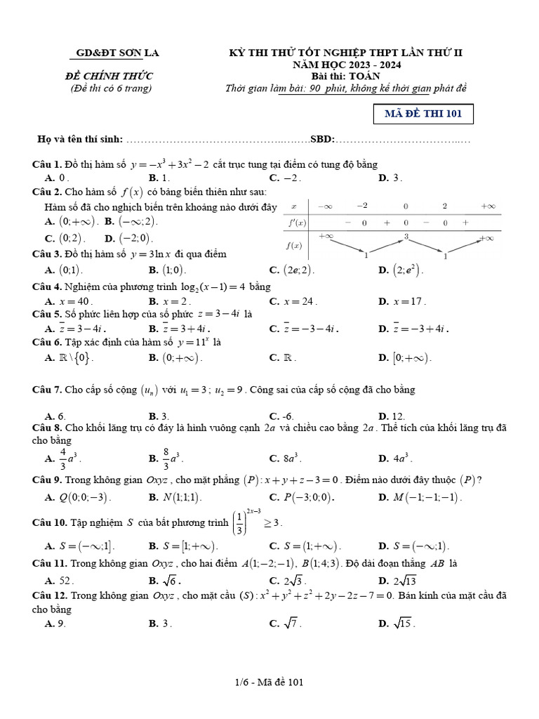 De Thi Thu Tot Nghiep THPT 2024 Mon Toan Lan 2 So GDDT Son La | PDF